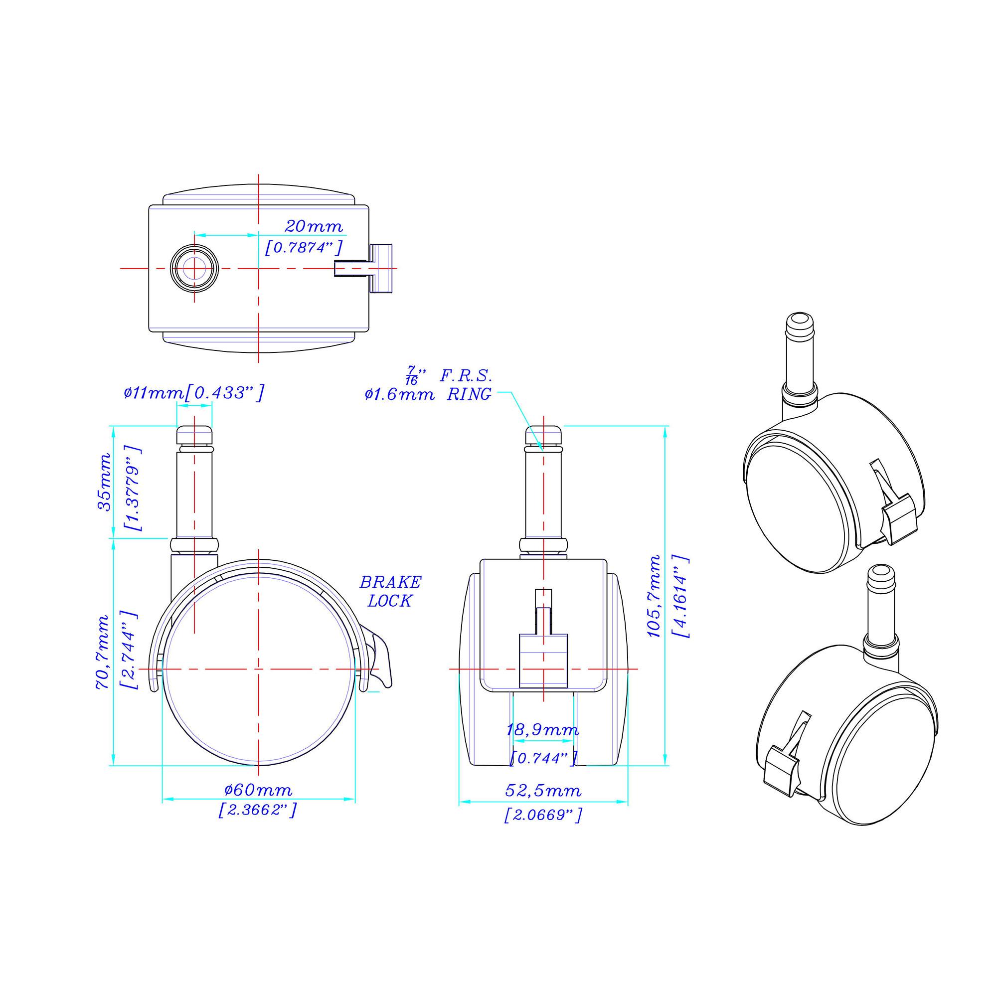 2-3/8" 6 Gusset Reinforced Caster Wheels w/Brakes & 7/16" x 1-3/8 ...