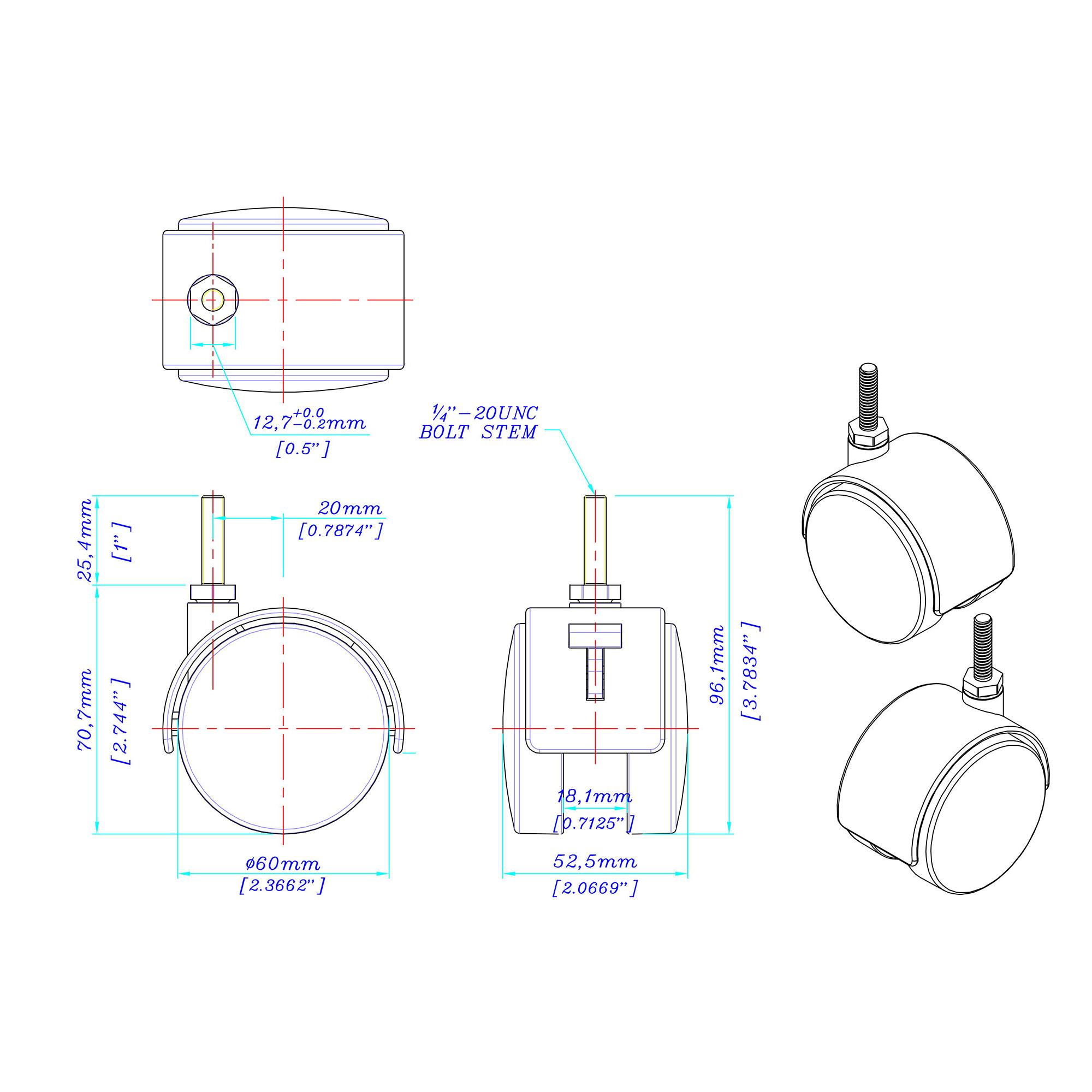 2-3/8" 6 Gusset Reinforced Caster Wheels w/1/4-20 x 1" Threaded Stem w ...