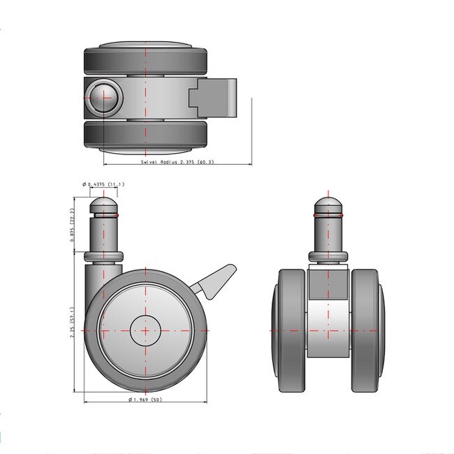 Two-Tone Gray Swivel Twin Wheel Series Caster Friction Ring Stem 7/16in ...